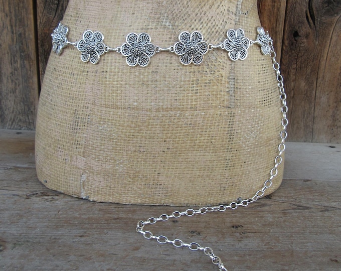 90s Silver Tone Floral Metal Chain Belt | Long Chain Belt | Flower ...