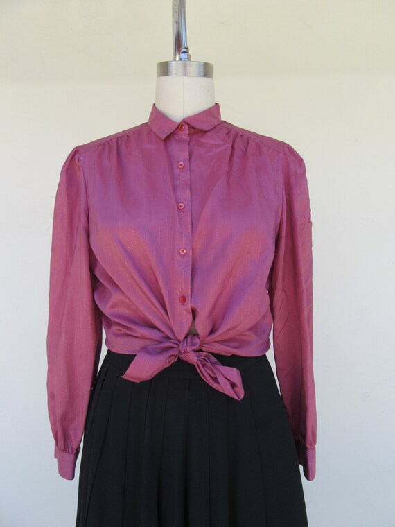 80s 90s Silky Dusty Rose Puff Sleeve Button Front Blo… - Gem