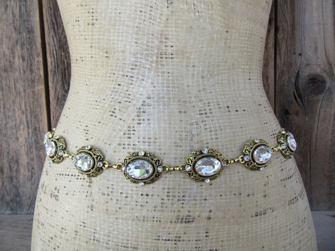 90s Gold Tone Bejeweled Chain Belt Metal Waist Belt Faceted Rhinestone ...