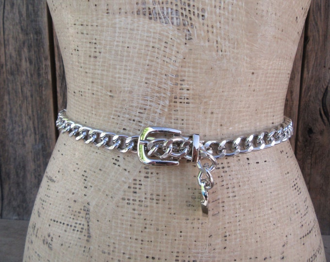 90s Chain Belt | Silver Tone Chain Ranger Buckle Belt | Skinny Chain ...