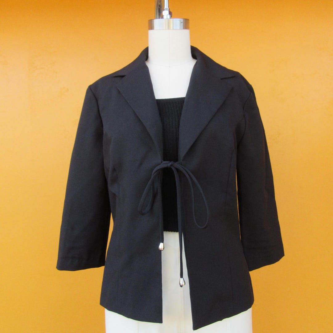 90s Black Cropped Blazer | Tie Front Duster | 3/4 Sleeve Tie Front ...