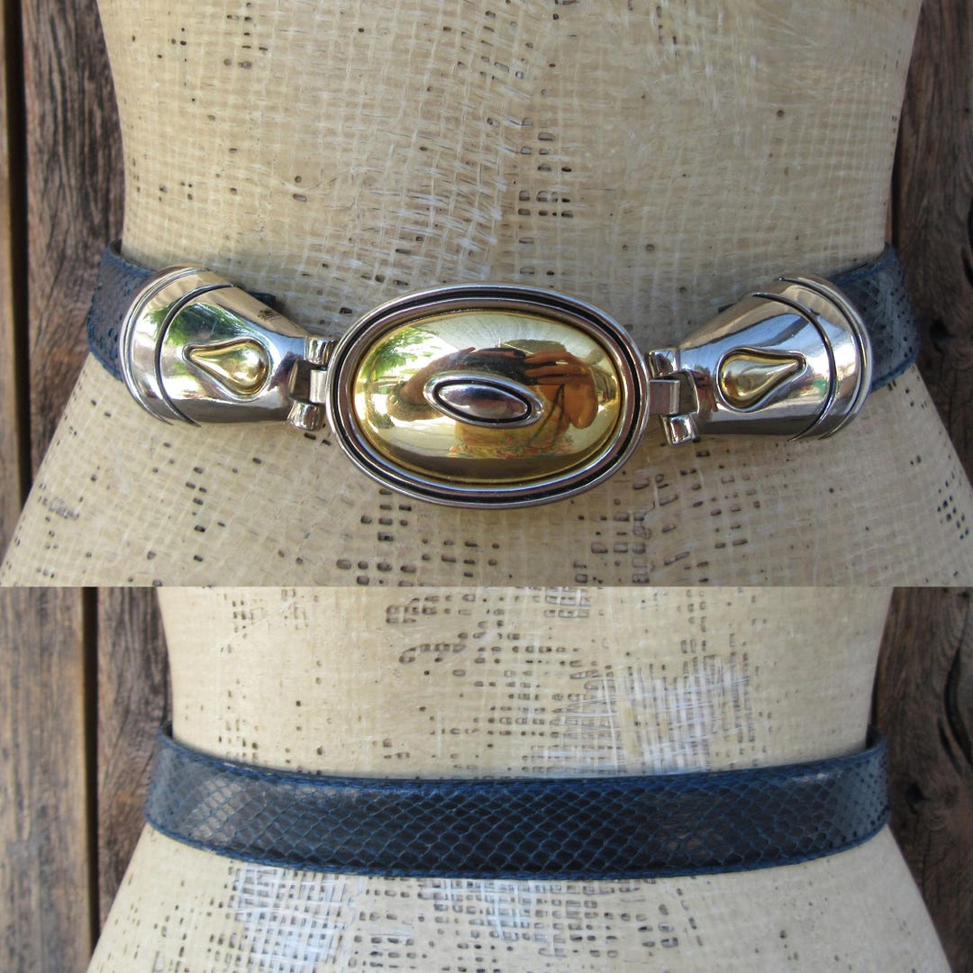 90s Navy Snakeskin Waist Belt | Shield Belt | Blue Snake Belt | Fits 32 ...