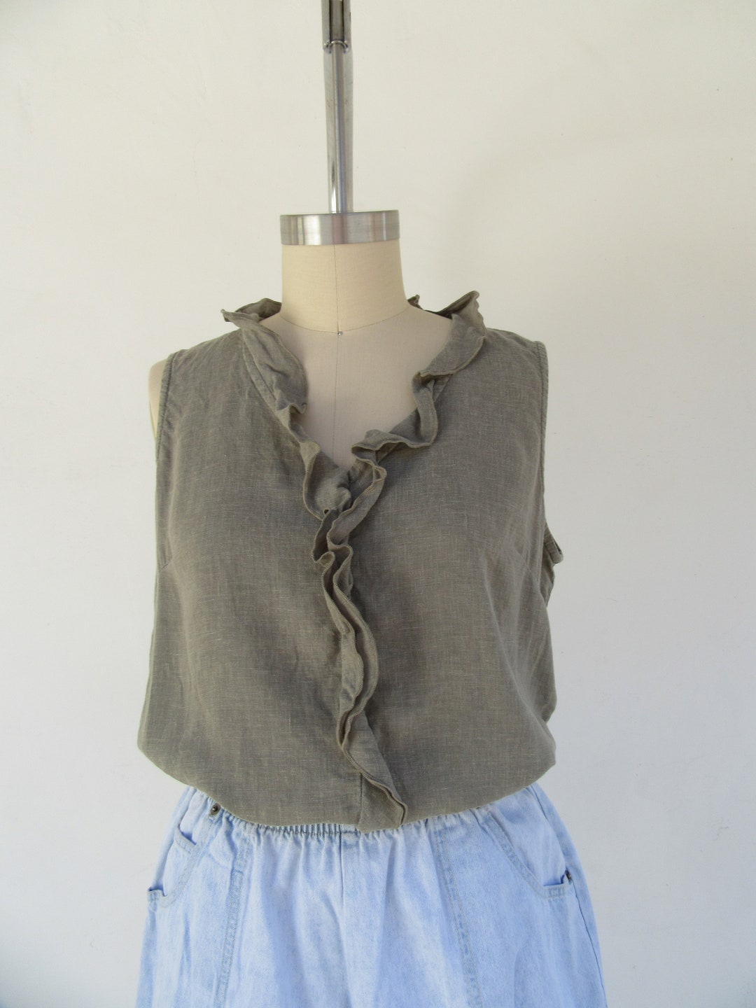 90s Y2K 00s Hemp Tencil Linen Olive Green Ruffled Shell Tank | Linen Singlet | Size Medium - Etsy