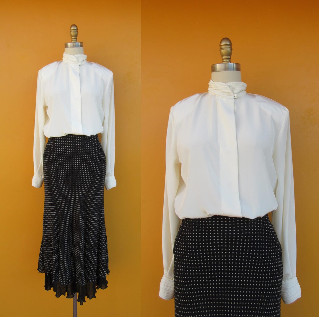 90s Silky Cream High Ruched Neck Secretary Officecore Blouse Office ...