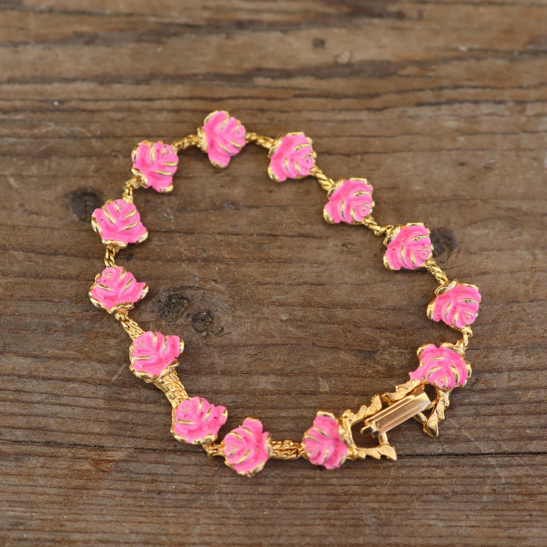 70s 80s Gold Tone Pink Enamel Floral Bracelet | 7" Flower Rose Bracelet ...