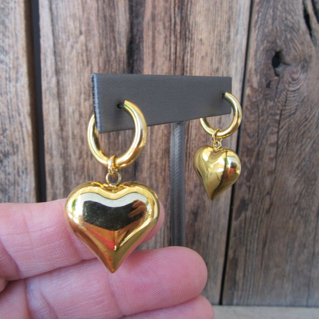 90s Earrings | Gold Tone Statement Earrings | Chunky Gold Tone Heart ...
