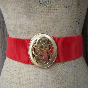 80s Red Wide Waist Belt | Gold Tone Metal Buckle Wide Stretch Belt ...