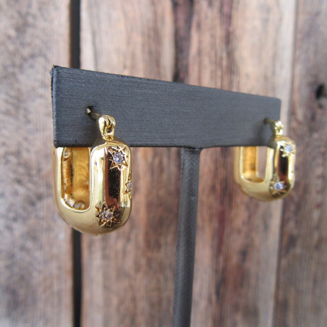 90s Earrings | Gold Tone U Hoop Earrings | Lever Back Bejeweled Hoop ...