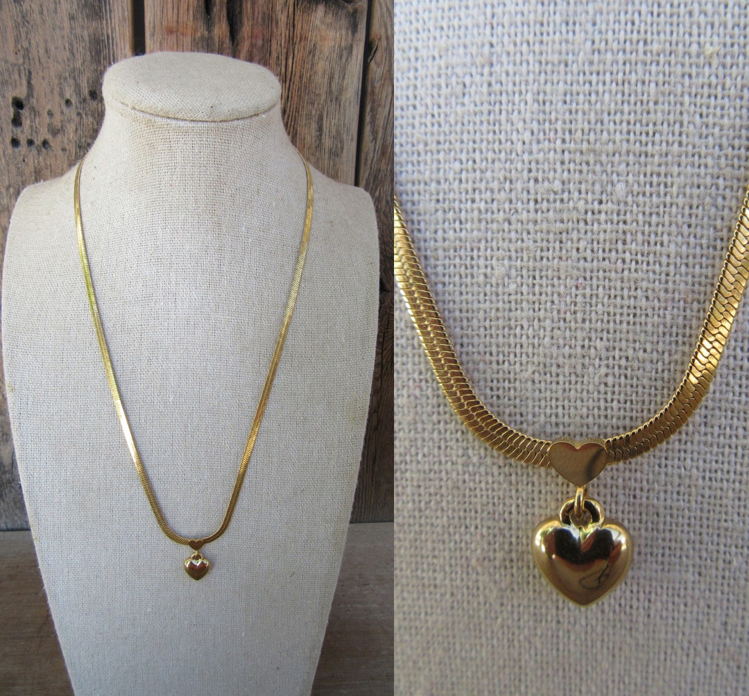90s Gold Chain Heart Necklace | Gold Tone Necklace | Heart Charm Chain ...