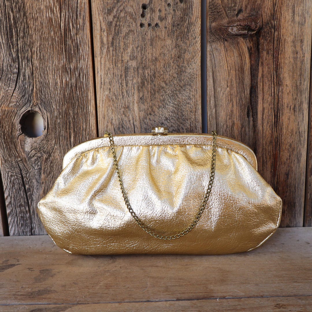 60s Gold Lame Metal Frame Clutch Bag | Chain Strap Handbag Satchel ...