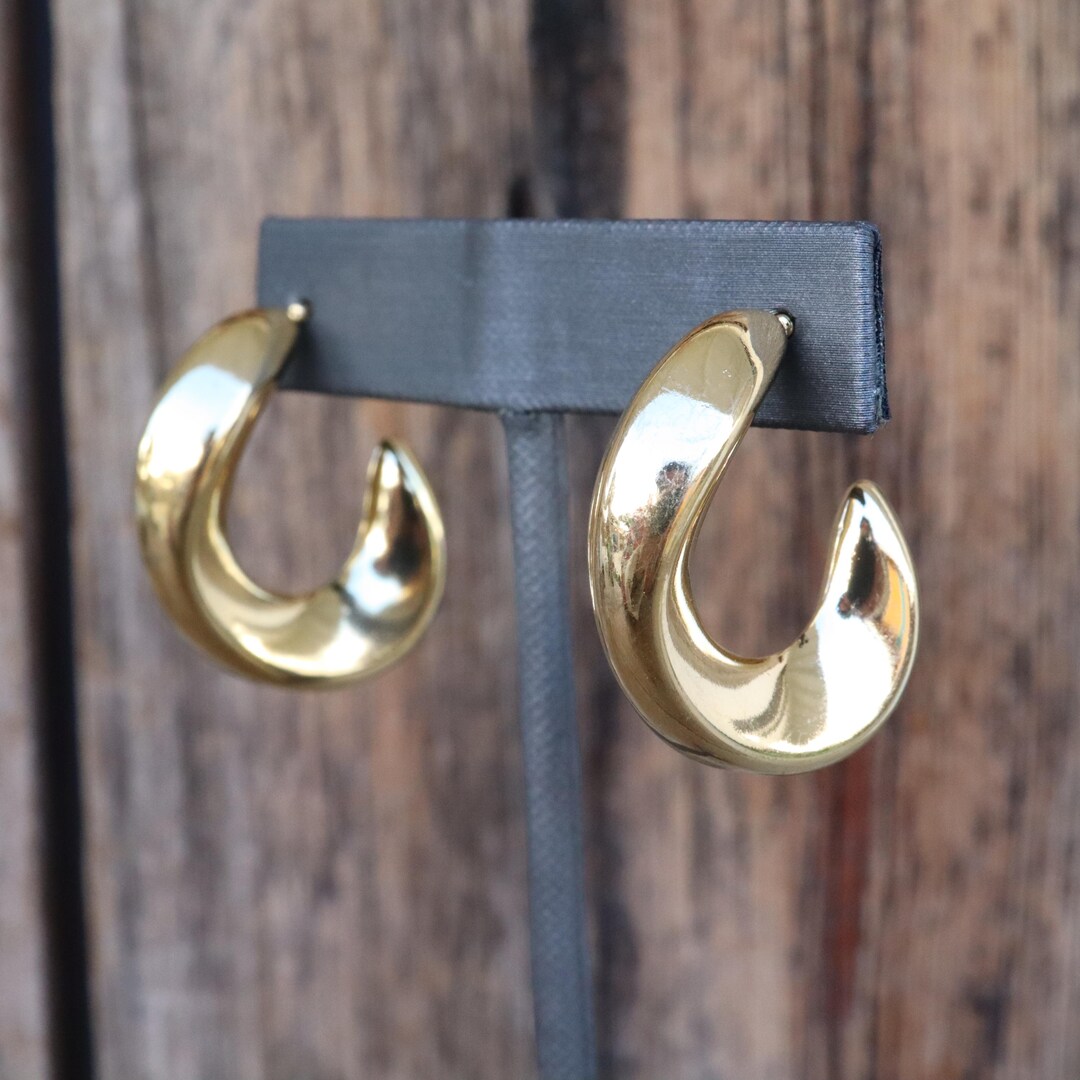 90s Gold Tone Hook Hoop Earrings | Large Twisted Hoops Earrings | Huggie Huggy Hoops | Chunky ...