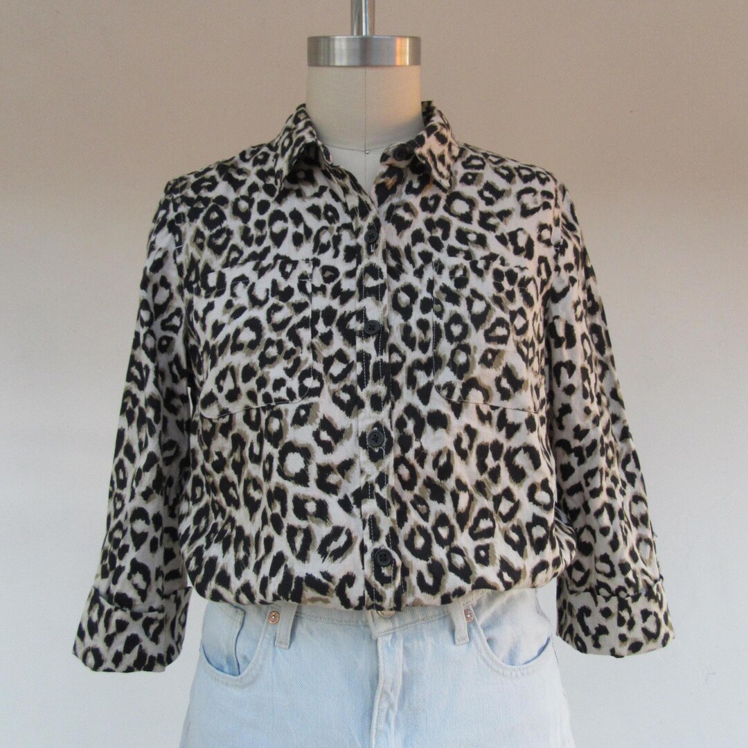 90s Leopard Print All Linen Button Down 3/4 Sleeve Blouse | Button ...