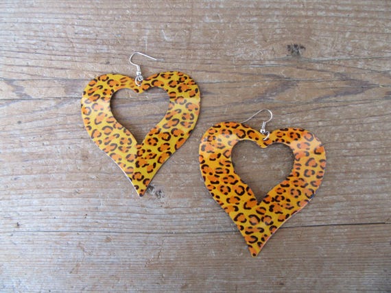90s Leopard Print Enamel Cutout Heart Dangle Earrings… - Gem