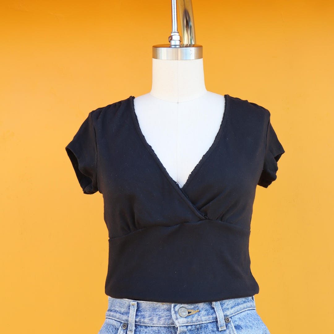 90s 100% Cotton Crochet Trim Cap Sleeve Knit Surplice Tee | Black Top ...
