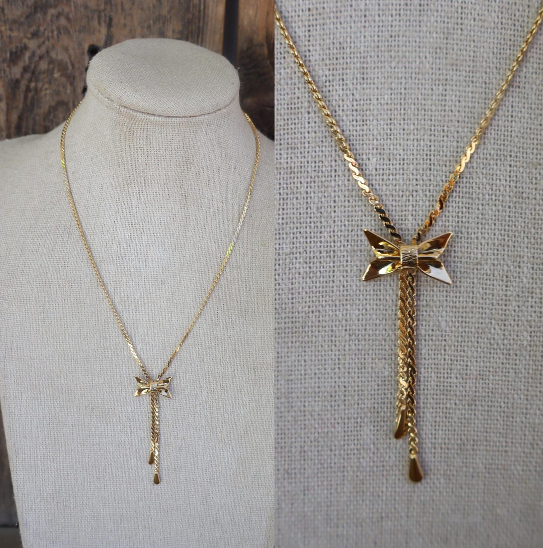 70s 80s Gold Tone Chain Bow Necklace | Fixed Bolo Necklace | Tie ...