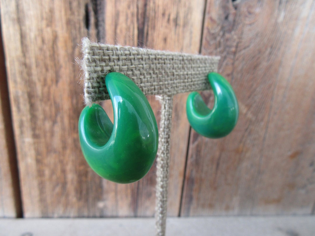 80s 90s Green Resin Hoops | Swirled Green With Yellow Chunky Resin J ...