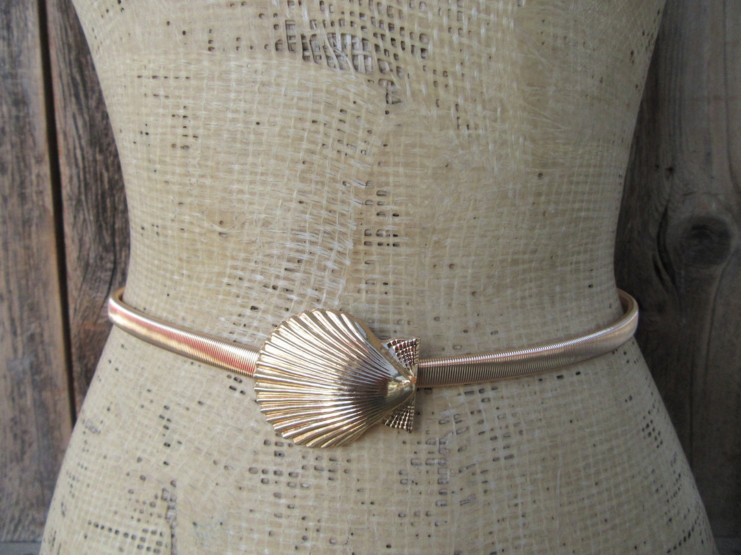 1980s 90s Gold Metal Shell Buckle Stretch Belt | Art Deco Revival Shell ...