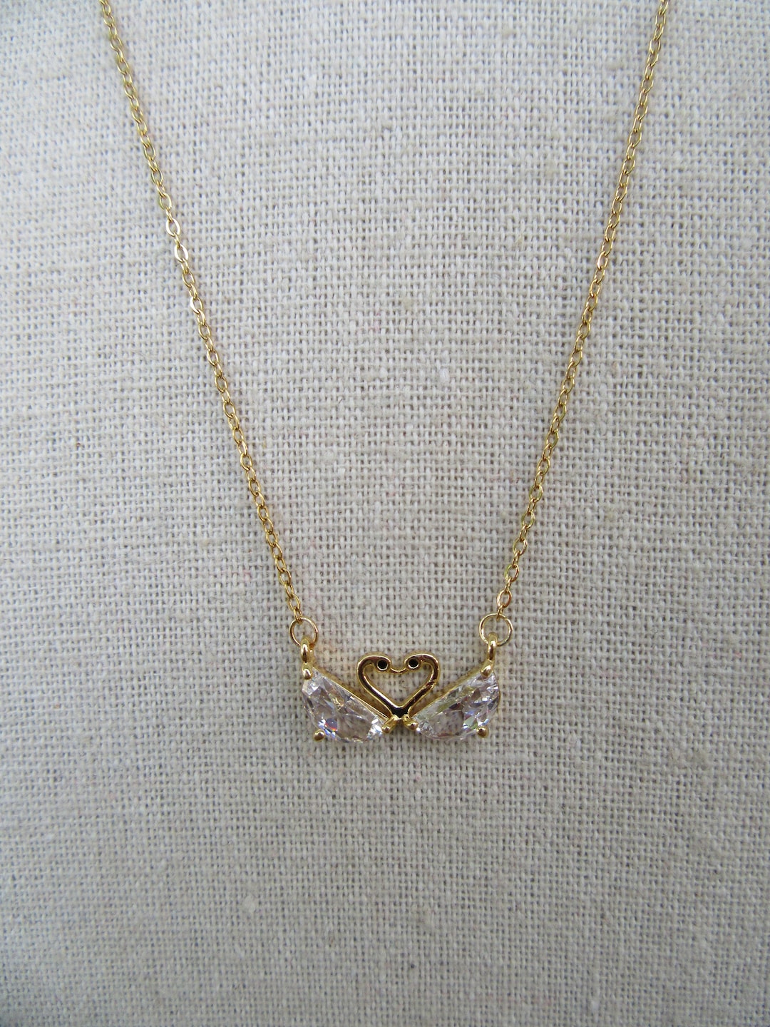 90s Dainty Gold Chain Kissing Swan Necklace Gold Tone Bejeweled ...