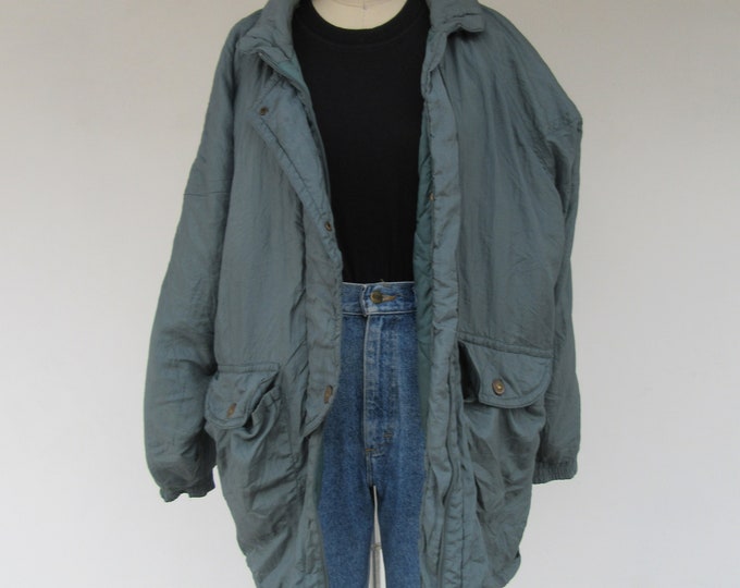 80s Oversized Fit Dolman Sleeve High Collar Jacket | Steel Green Nylon ...
