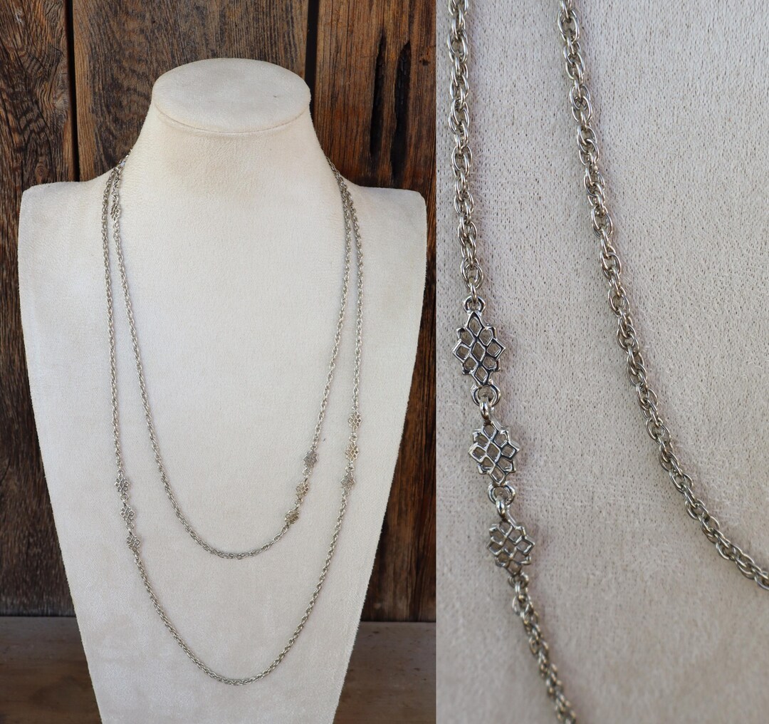 70s Long Silver Tone Layering Chain Statement Necklace | Geo Motif Mod ...