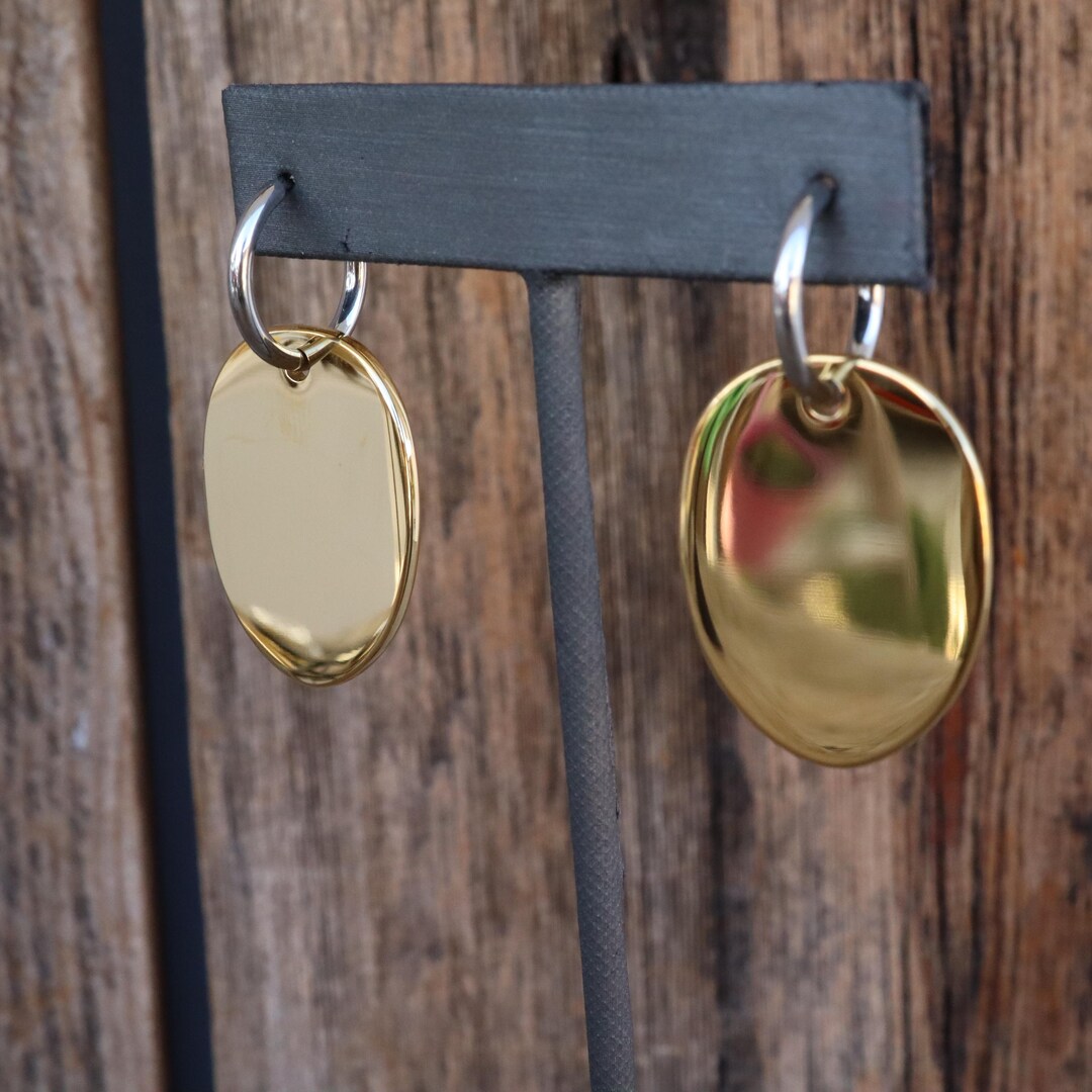 Y2K Mixed Metal Two Tone Silver and Gold Tone Dog Tag Hoop Earrings ...