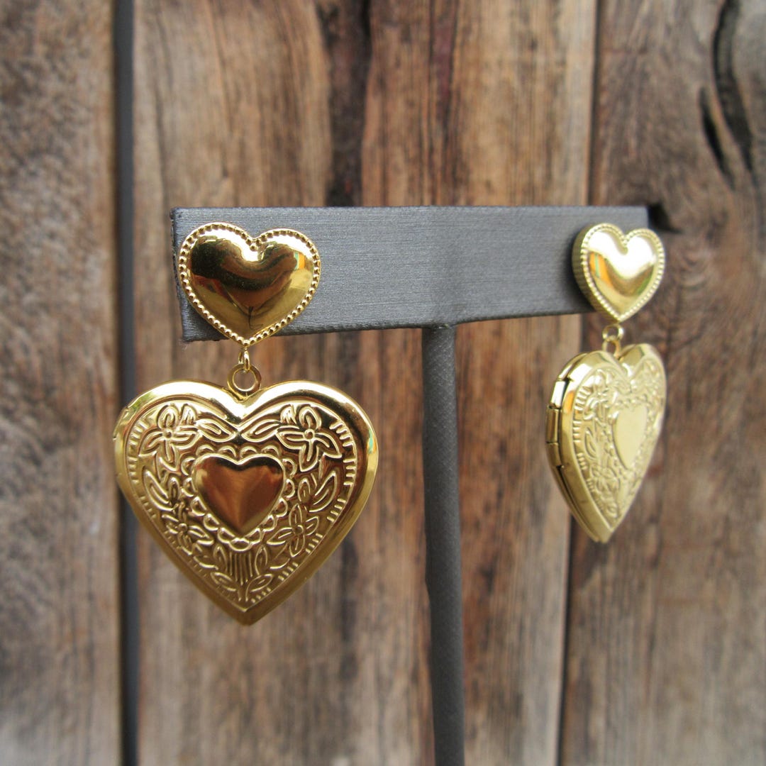 90s Gold Tone Earrings | Heart Locket Dangle Earrings | Etched Heart ...