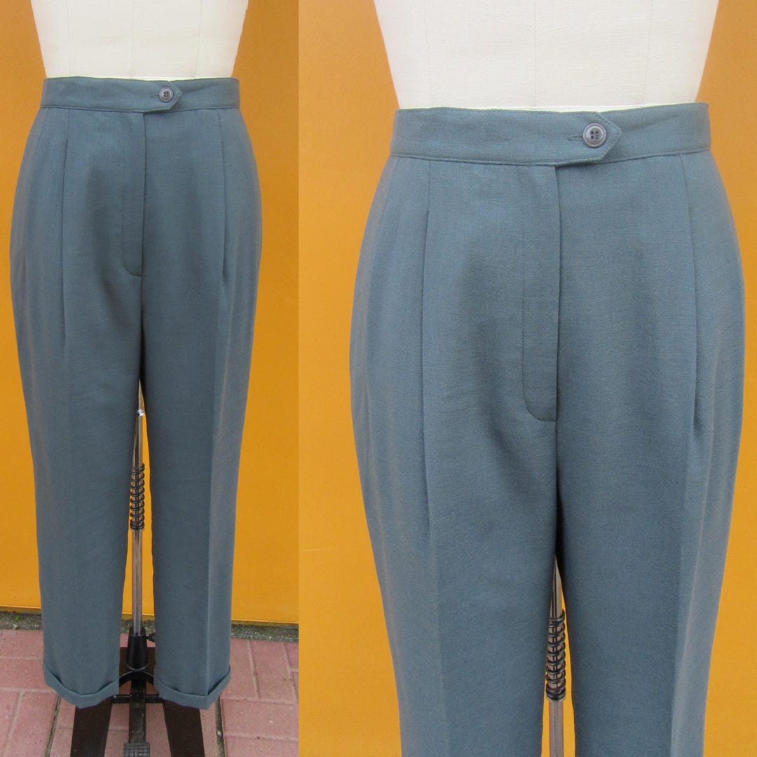 90s High Rise Waist Sage Green Wool Pleated Minimalist Trousers ...