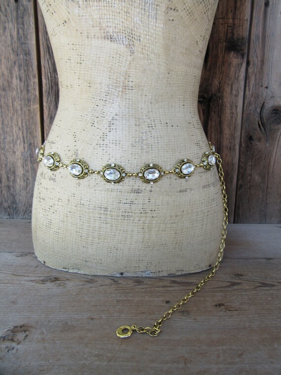 90s Gold Tone Bejeweled Chain Belt | Metal Waist Belt… - Gem