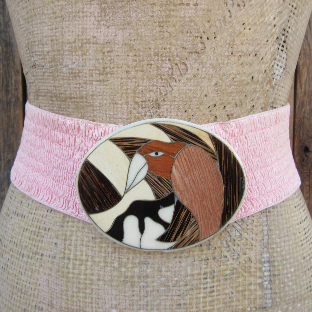 1980s Bird Buckle Pink Stretch Waist Belt | 80s Resin Art Deco Revival ...