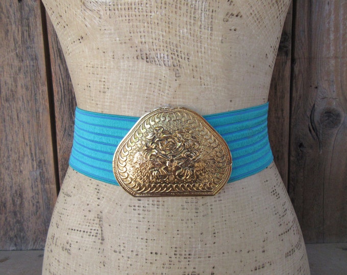 80s Charmant Aqua Wide Waist Belt | Stretch Belt | Cinch Belt | Floral ...
