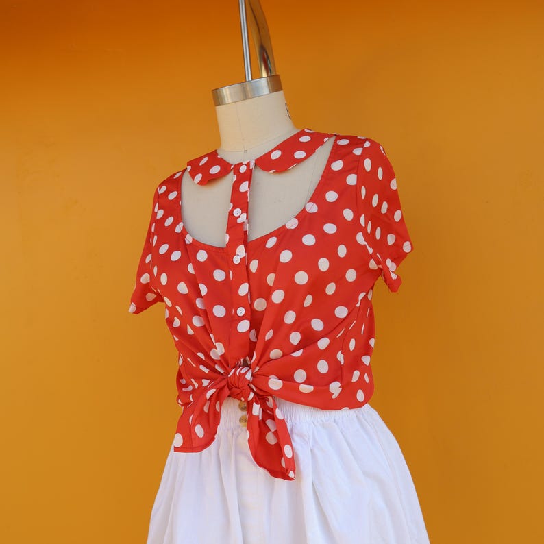 90s Red and White Polka Cutout Button Down Front Blouse | Button up ...