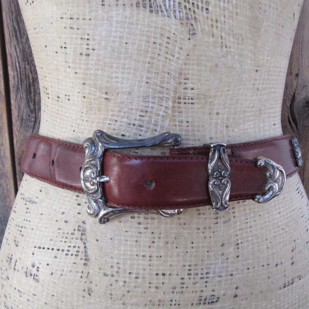 90s FOSSIL Cinnamon Brown Leather Embellished Southwest Concho Belt ...