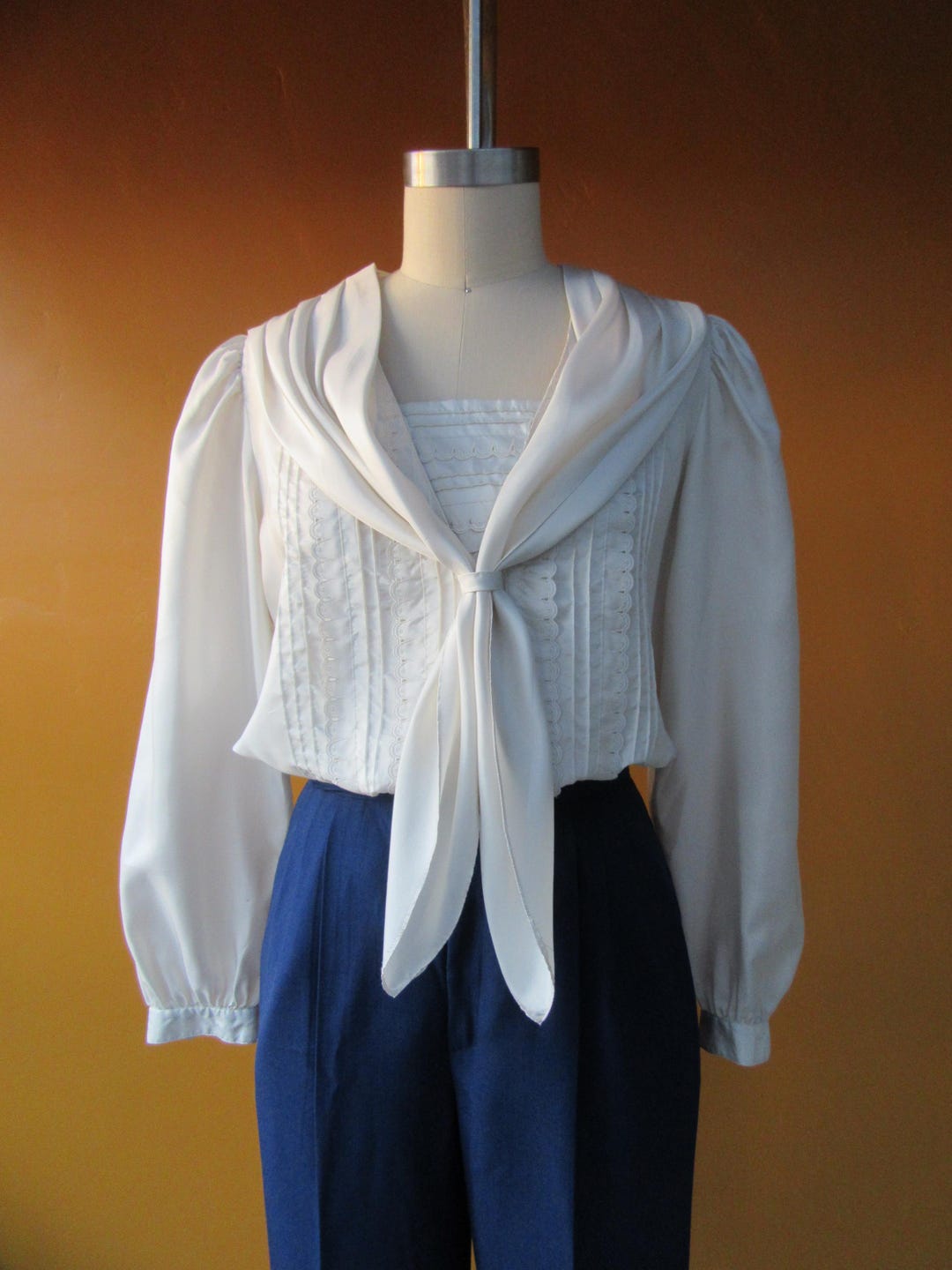 80s Cottagecore White Sailor Collar Long Sleeve Blouse | Officecore ...
