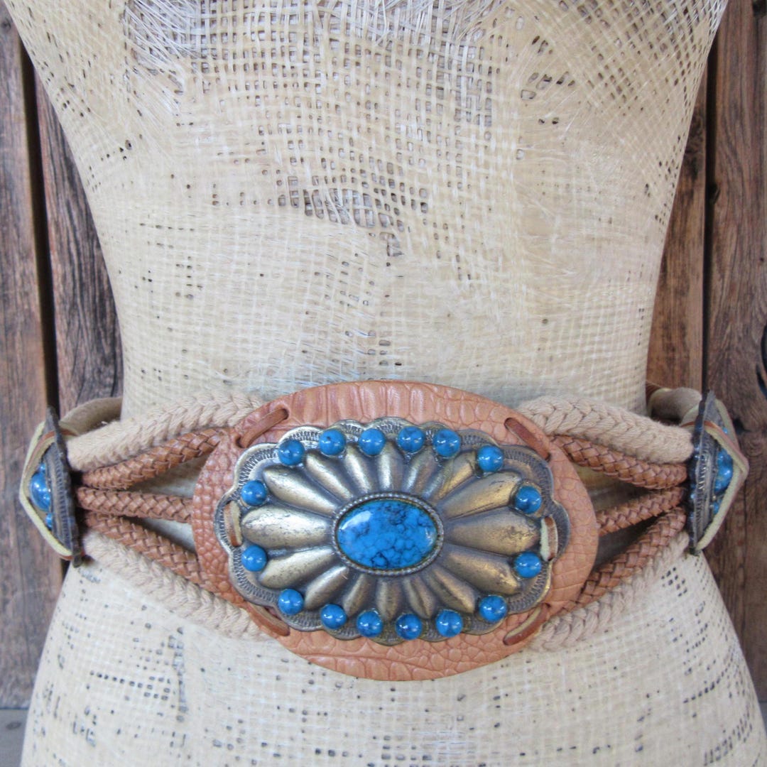 80s Wide Leather and Concho Waist Belt Southwest Faux Turquoise Braided ...