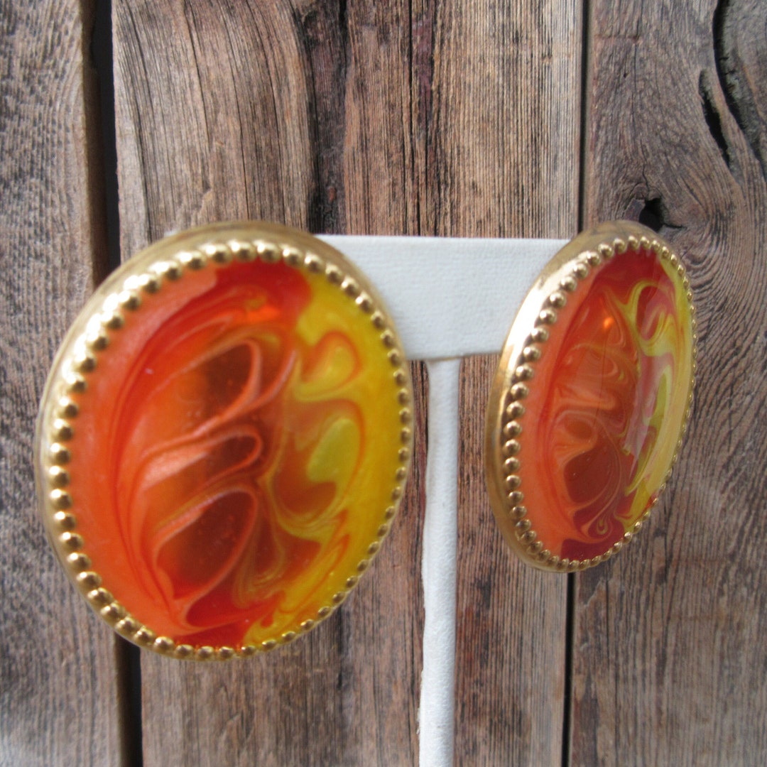 90s Chunky Gold Tone Dangle Earrings | XL 80s Orange Enamel Coin ...
