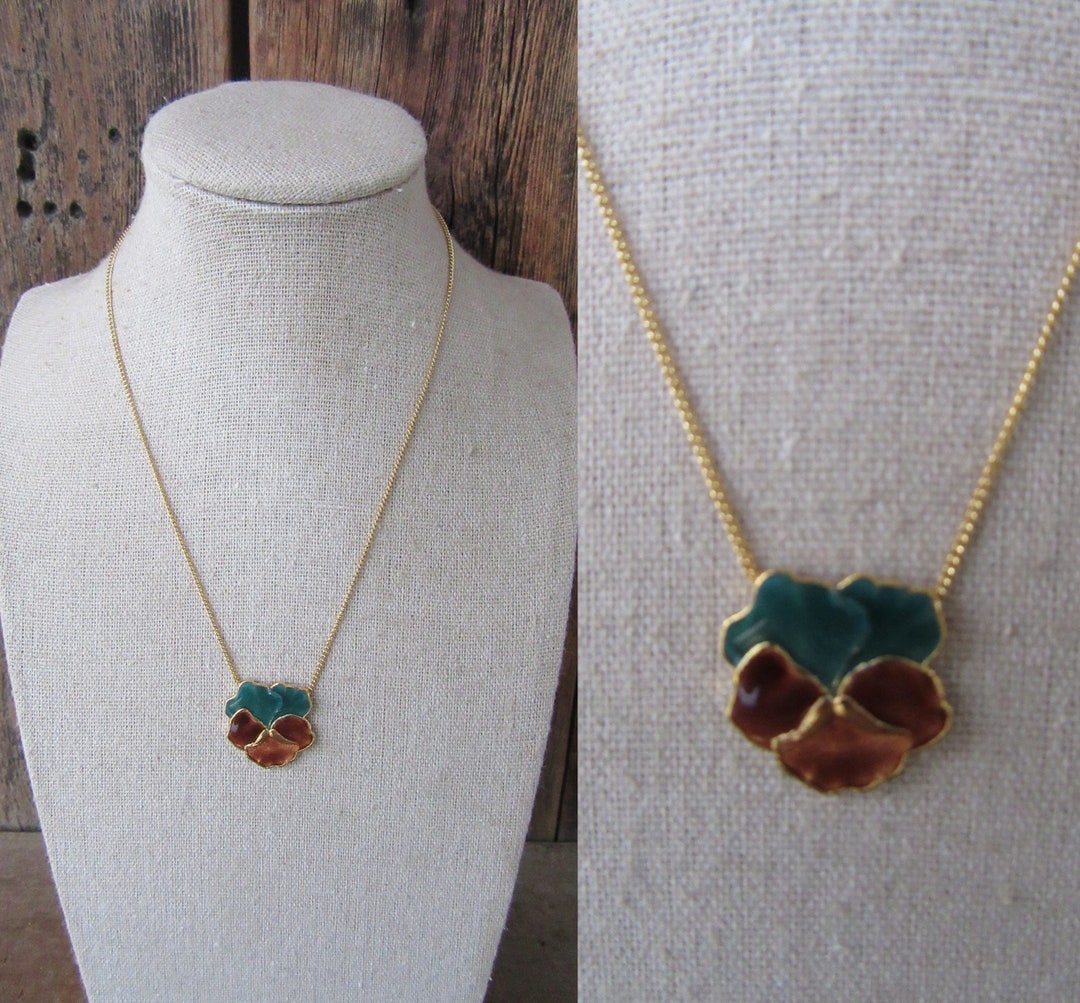 80s Gold Chain 15 Floral Enamel Necklace Cloisonne Pansie Pansy Flower ...