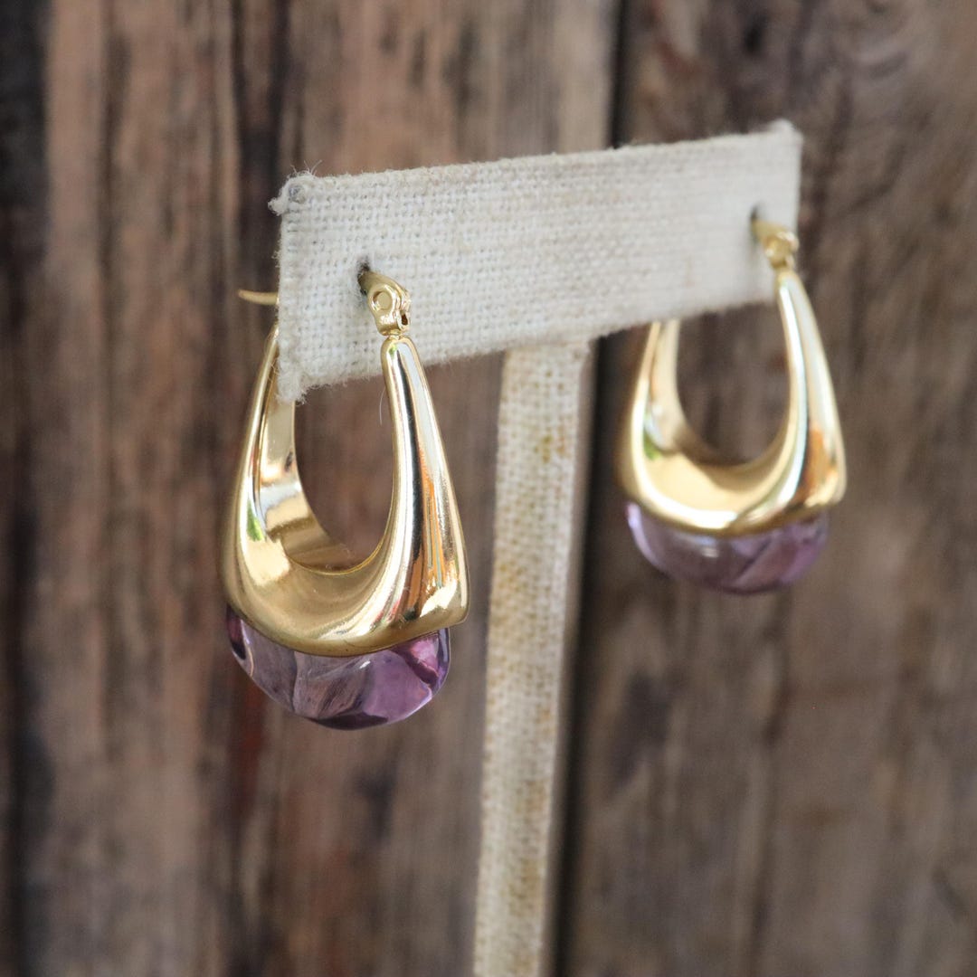 90s Teardrop Gold Tone Hoops | Clear Purple Resin Hoops | Minimalist ...