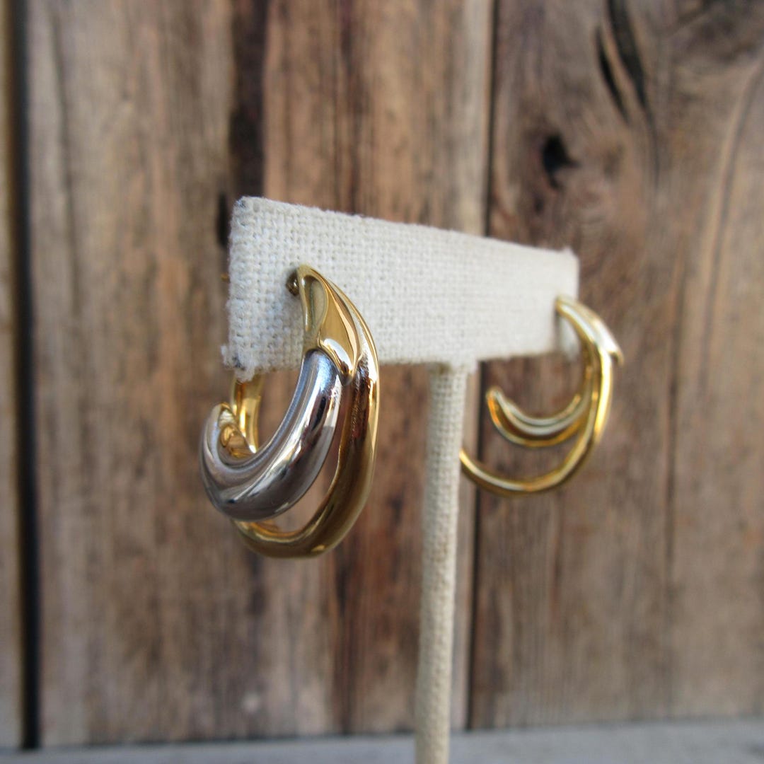 90s Chunky Curlicue Hoops | Modernist Swirl Two Tone Mixed Metal Silver ...