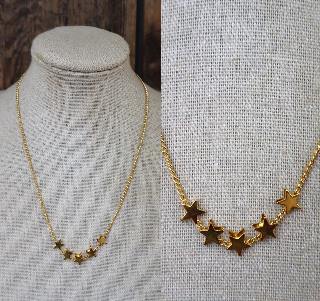 NOS 70s 80s Gold Tone Star Chain Necklace | Star Pendant Choker ...