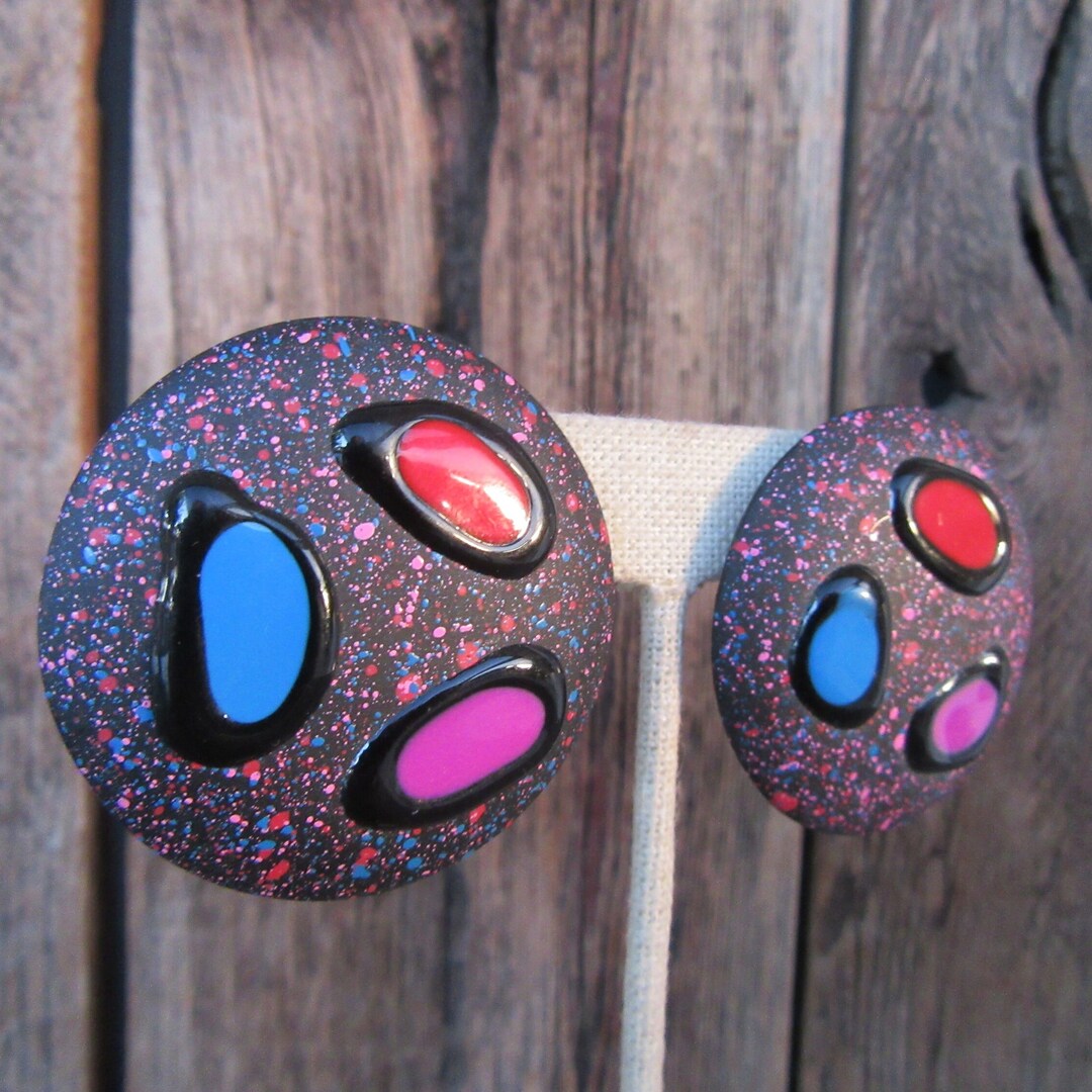 80s Colorblock Color Block Round Splatter Enamel Button Earrings | New ...
