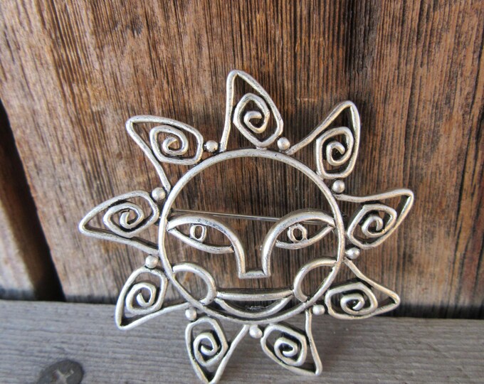 NOS 80s 90s Chunky Silver Tone Cutout Modernist Sun Novelty Brooch Pin ...