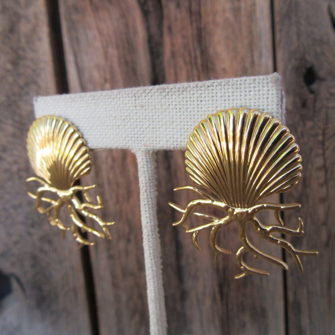 90s Earrings | Gold Tone Chunky Shell Shape Earrings | Nautical ...