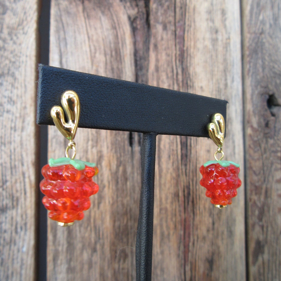 90s Chunky Novelty Gold Tone Raspberry and Heart Dangle Earrings ...