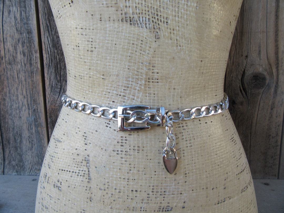90s Chain Belt Silver Tone Chain Ranger Buckle Belt Skinny Chain Belt ...