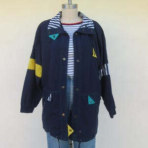 80s 90s New Wave Memphis Style Jacket | Striped Color Block Navy Yellow ...