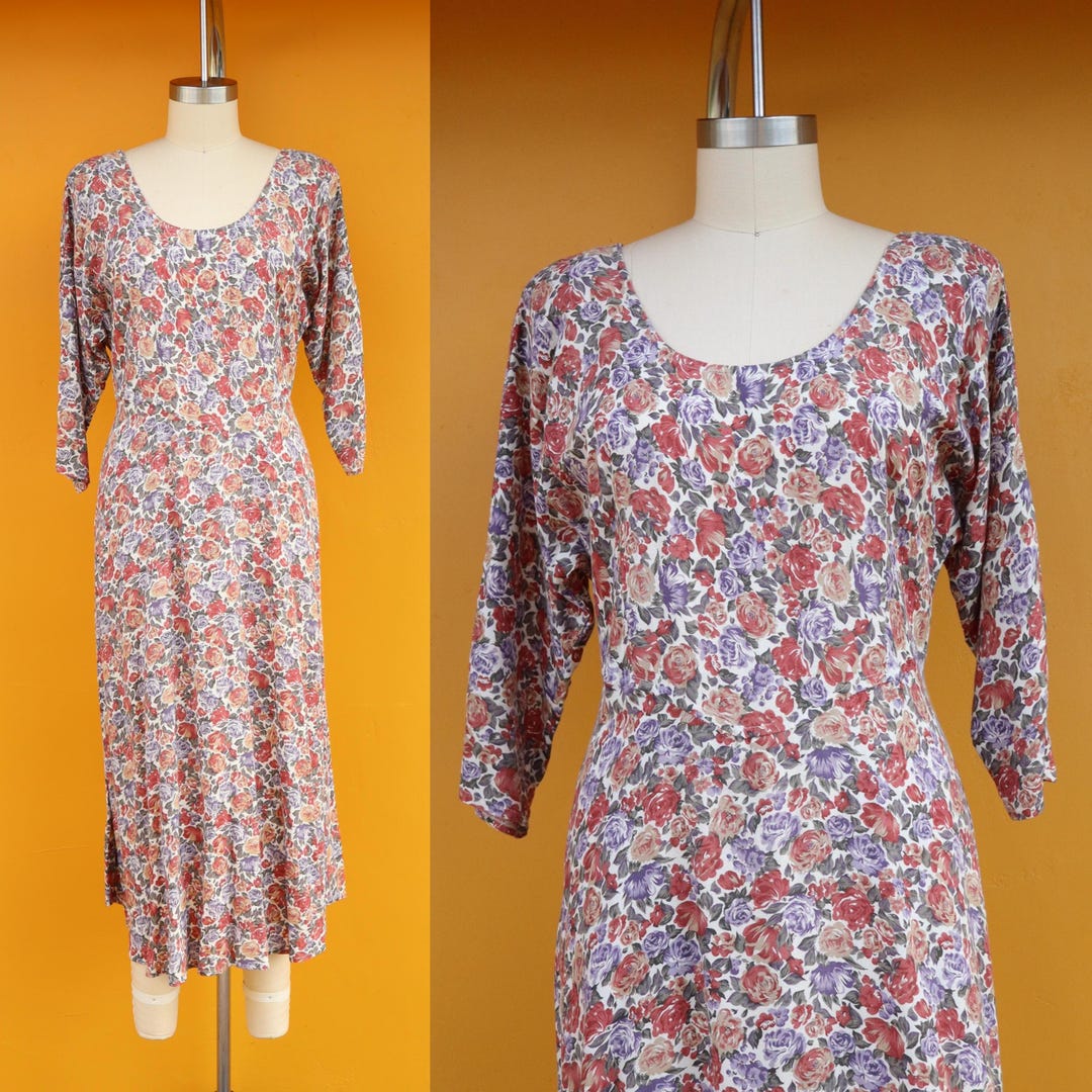 90s Rayon Floral Botanical Long Dress | Rose Print Flower Print Dress ...