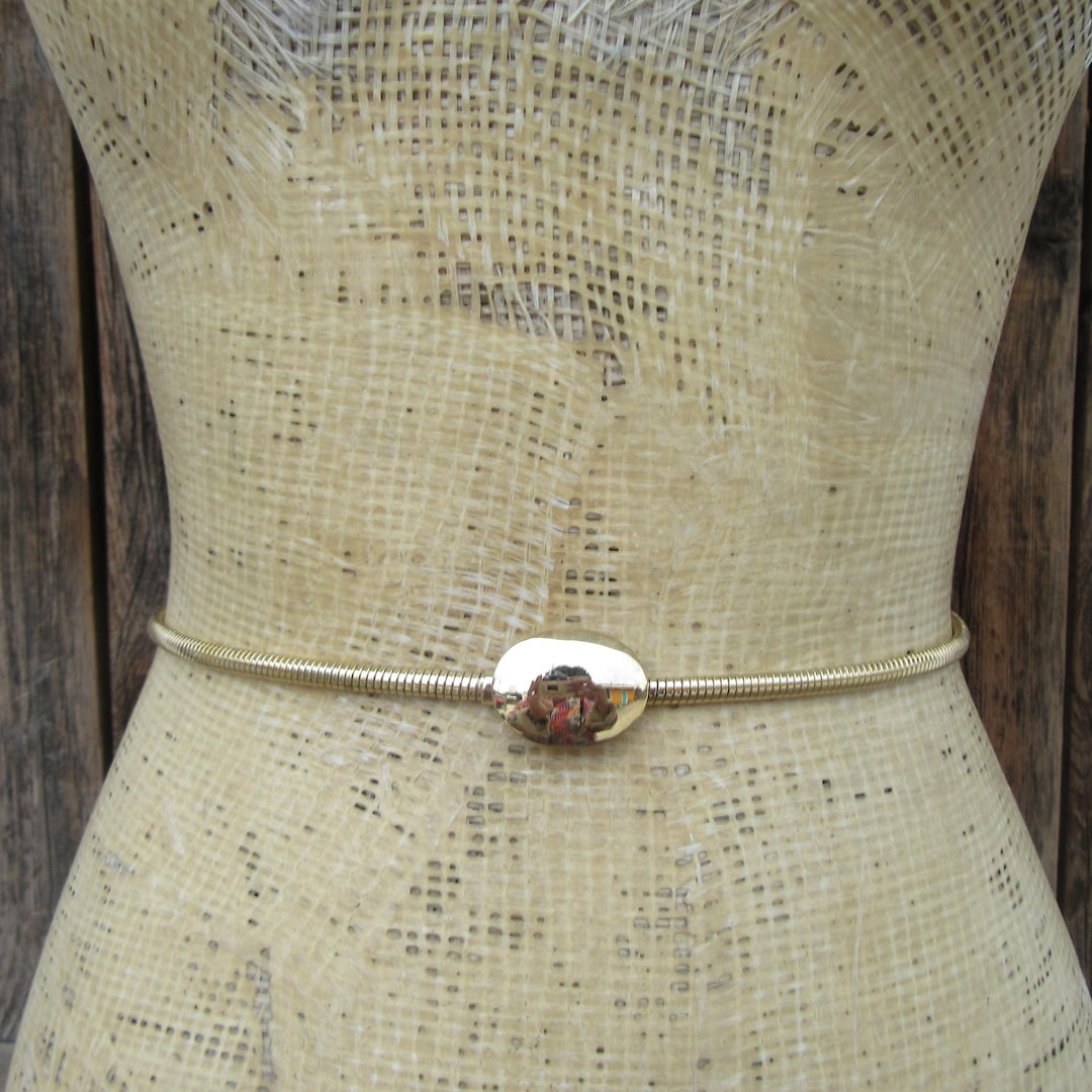 80s Gold Metal Stretch Belt | Oval Buckle Skinny Slinky Belt | Skinny ...