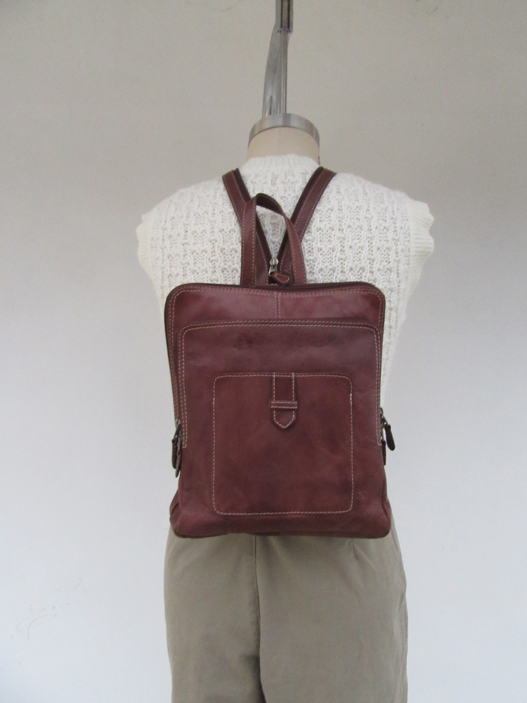 90s Cinnamon Brown Leather Backpack | Convertible Satchel Bag Purse ...