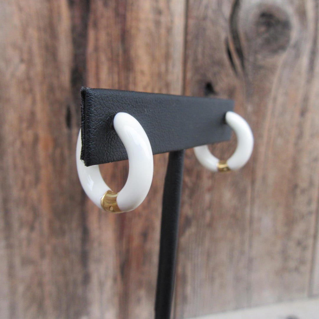 90s Y2K White and Gold Tone Small Enamel Hoops | Small Minimal Clicker ...