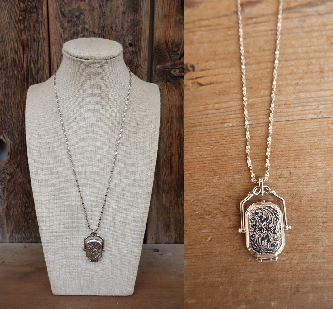 90s Silver Tone Etched Swivel Locket Pendant Necklace - Etsy
